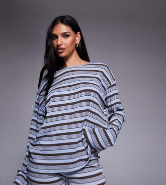 KAIIA Exclusivit&eacute; - T-shirt densemble oversize en maille c&ocirc;tel&eacute;e &agrave; manches longues et rayures - Bleu et chocolat-Multicolore