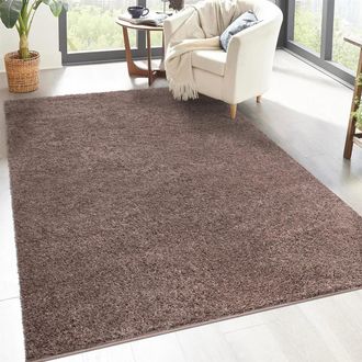 Carpet City Shaggy Hochflor Teppich - 150x150 cm Quadratisch - Braun - Langflor Wohnzimmerteppich - Einfarbig Uni Modern - Flauschig-Weiche Teppiche Schlafzimmer 