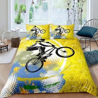 Generic Housse de Couette 140x200 V&eacute;lo BMX Parure de Lit 1 Personne Sports Imprim&eacute;e 3D Microfibre Douce Jaune Housse Couette R&eacute;versible avec 1 Taie doreiller 