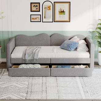 Merax Sofa Bett 90x200cm mit 2 Schubladen, Tagesbett mit Rückenlehne und Armlehnen, Multifunktionales Bettrahmen für Kinder, Teddybärstoff, Grau (Ohne Matra