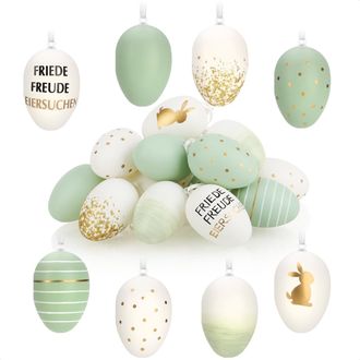 Com-Four 16x Ostereier zum Aufhängen - dezente Hängedeko aus Kunststoff in tollen Farben - Osterdeko für den Osterstrauß mit Motiv (16 Stück - weiß/grün/goldfa
