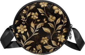 Generic Petit sac &agrave; bandouli&egrave;re rond pour femme, motif floral et feuille dor&eacute;e avec fermeture &eacute;clair, bretelles r&eacute;glables, sac &agrave; main rond d&eacute;contract&eacute; pour fe