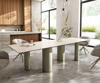 DELIFE Esstisch Edge 300x100 Keramik Laminam Travertino Bianco Creme-Wei&szlig; Pilier Metall Effektfinish Titan, Esstische