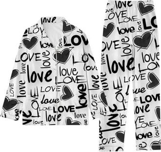 Generic Ensemble de pyjama &agrave; manches longues et pantalon d&eacute;contract&eacute; pour la Saint-Valentin 2026 pour femme, blanc, XXL