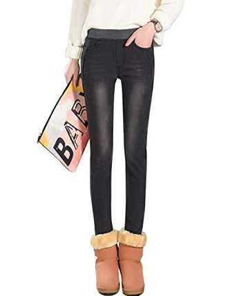 Lazutom Jeans dhiver chaud &eacute;pais pour femme avec doublure en polaire - Gris - 44