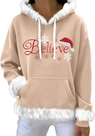 Generic Sweat à capuche fantaisie en fausse fourrure 3D pour femme, flocon de neige de Noël, impression de lettres Believe, coupe ample, avec poche, pull dhiv