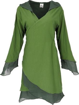 Guru Shop Wickeltunika mit Zipfelkapuze, Tunika im Lagenlook - Lemon/dunkelgr&uuml;n, Damen, Baumwolle, Size:S