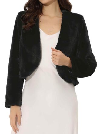 Allegra K Cropped-Jacke f&uuml;r Damen, Kunstpelz mit Taschen, lange &Auml;rmel, vorne offen, Bolero-Kleid, Mantel, Schwarz, M