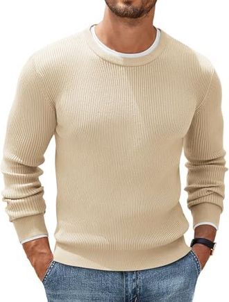 Coofandy Pull Homme Col Rond Tricoté Basique Manches Longues Style Élégant et Confortable Maille Fine Côtelée Regular Fit Beige XXL