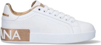 Dolce & Gabbana Low-Top Sneaker - Rounded Toe White Leather Sneakers - Gr. 40,5 (EU) - in Gold - f&uuml;r Damen