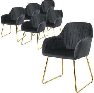 ML Design Esszimmerst&uuml;hle 6er Set, Sitzfl&auml;che aus Samt, Grau, Wohnzimmerstuhl mit R&uuml;cken- und Armlehnen, K&uuml;chenstuhl Gold Beine, Polsterstuhl mit