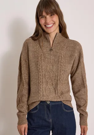 Cecil Strickpullover CECIL, Damen, Gr. XXL (46), braun (schwarz toffee braun melange), Web, 78% Baumwolle, 22% Polyacryl, unifarben, normal normal, hoch ges