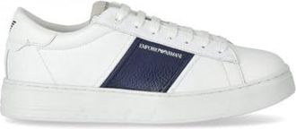 Emporio Armani Baskets modèle bas avec tige en cuir et semelle en caoutchouc de haute qualité, couleur blanche avec inserts noirs., Opt White Black Iris, 40 EU