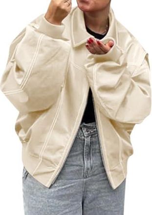 ORANDESIGNE Veste de Motard Surdimensionnée en Similicuir pour Femme Leather Blazer Manteau Fermeture éclair Oversize Jacket Veste Bomber en Cuir F Beige S