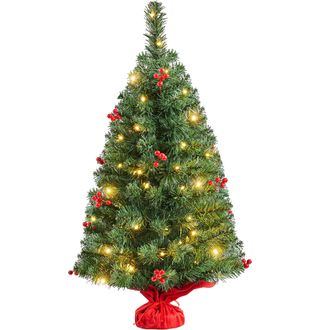 Yaheetech 90cm Mini K&uuml;nstlicher Weihnachtsbaum mit 50 Warmwei&szlig; LED Beleuchtung & 60 Roten Beeren Kleiner Christbaum Tisch Tannenbaum f&uuml;r Weihnachtsdeko, Gr&uuml;n