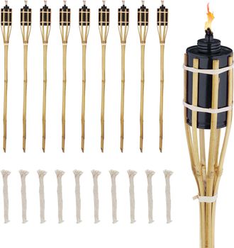 Relaxdays Gartenfackeln, 10er Set, Bambus, &Ouml;lfackeln f&uuml;r drau&szlig;en, Outdoor Fackeln mit Ersatzdocht, H&ouml;he: 80 cm, Natur