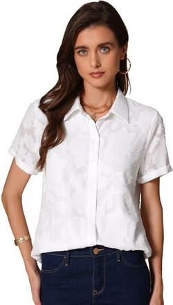 Allegra K Chemisier à Fleurs Femme en Mousseline de Soie Col à Revers Chemise Boutonnée à Manches Courtes Coupe Ample Blouse de Bureau Décontracté Blanc L