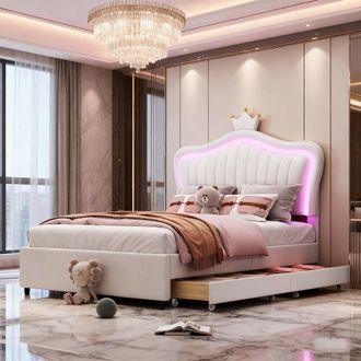 Generic Gepolstertes Kinderbett 90x200 - Sofa mit Schubladen, LEDs und hohem Kopfteil aus wei&szlig;em Kunstleder