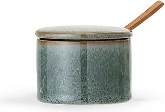 Bloomingville Gef&auml;&szlig; mit Deckel und Akazienl&ouml;ffel Pixie, Farbe Gr&uuml;n/Braun, 200 ml, Sp&uuml;lmaschinengeeignet - Ideal zur Aufbewahrung von Zucker, Gew&uuml;rzen & kleinen K&uuml;ch