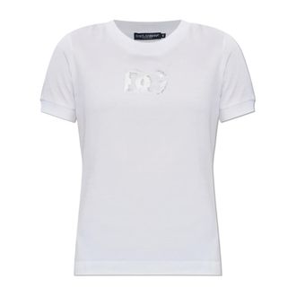 Dolce & Gabbana Femme, Tops, Blanc, Taille: 34 FR T-Shirt avec Logo Scintillant
