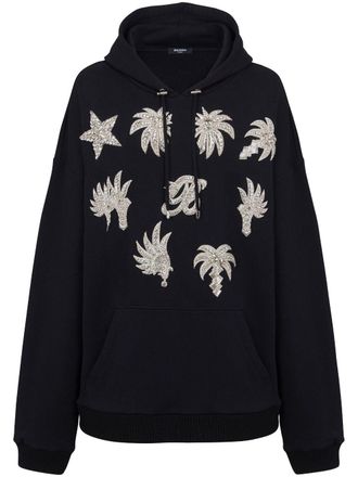 Balmain hoodie en coton à ornements en cristal - Noir