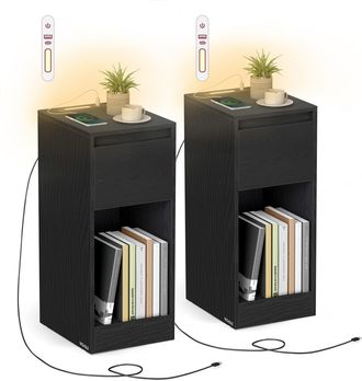 Vasagle Nachttisch 2er Set, schmal, Beistelltisch, LED-Beleuchtung, 1 USB-A-Anschluss, 1 USB-C-Anschluss, Schublade, offenes Fach, f&uuml;r Schlafzimmer, Wohnzimme