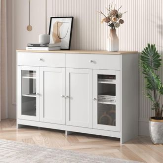 STILVORA Buffet et Enfilade avec 4 Portes dont 1 Vitr&eacute;e, 2 Tiroirs et &Eacute;tag&egrave;res R&eacute;glables, Style Campagne, en MDF, 120&times;37&times;80 cm, Blanc
