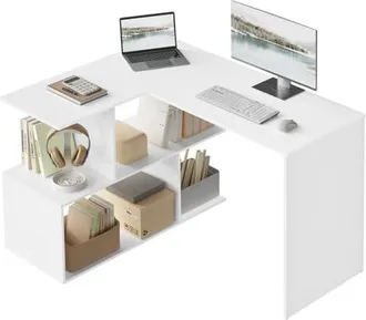 Woltu Bureau dangle avec Rangement, 120x100cm, Table dOrdinateur en L avec &Eacute;tag&egrave;res Ouvertes, Blanc