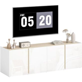 HOMCOM Meuble TV - HOMCOM - 4 portes &agrave; fermeture amortie, &eacute;tag&egrave;re r&eacute;glable et passe-c&acirc;bles - panneau de particules - blanc