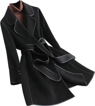 Generic Womens Long Winter Coats Classic Trench Coat Lapel Collar Open Front Belted Long Jacket Winter Warm Outwear Black 4X Large