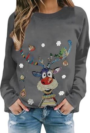 Generic Poncho Polaire,Femmes Automne Hiver décontracté Noël Renne Bonhomme de Neige Cloches imprimé Mignon Manches Longues col Rond Pull Confortable Fille,01