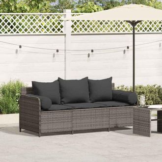 vidaXL Gartensofa mit Kissen 3-Sitzer Grau Poly Rattan - Vidaxl