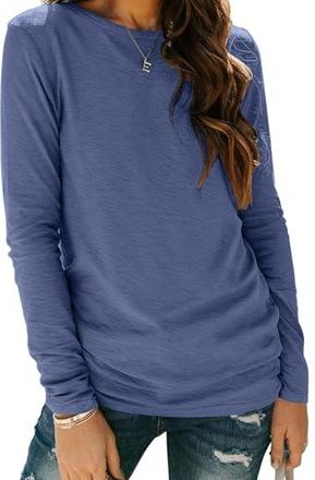 Zeagoo Hauts &agrave; Manches Longues pour Femmes T Shirt Basiques &agrave; Col Rond T-Shirts Tunique D&eacute;contract&eacute;s Automne Bleu XL