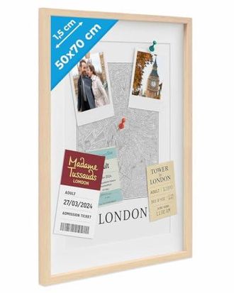 Photolini Cadre photo 3D naturel 50 x 70 cm, boîte profond avec passe-partout à remplir, pour objets jusquà 1,5 cm, bois MDF, verre - loisirs créatifs & comme c