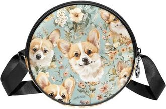 Generic Sac &agrave; bandouli&egrave;re circulaire pour femme, adorable motif fleurs de Corgi, petit sac &agrave; dos &agrave; bandouli&egrave;re avec fermeture &eacute;clair, bretelles r&eacute;glables, sac