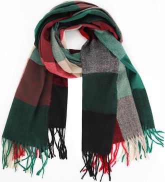 Glamexx24 Damen Winter Kariert Schal, Strickset Schal &uuml;bergro&szlig;er Quadratisch Deckenschal Halstuch Streifen Muster Fransen Ponch, Rot-Beige-Gruen