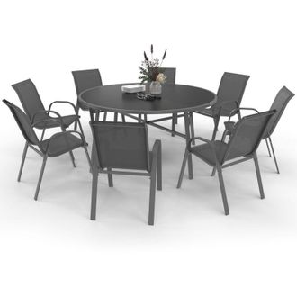 IDMarket Salon de jardin MADRID table ronde 150 CM et 8 chaises empilables gris anthracite