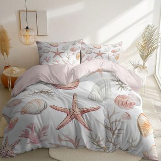 Generic Bettbezug Aquarell Muscheln Und Korallen Motiv, Weiche Bettbezug mit Rei&szlig;verschluss 135 x 200 cm, Rosa Gem&uuml;tlich Reversibel Bettw&auml;sche-Set mit Kissenb