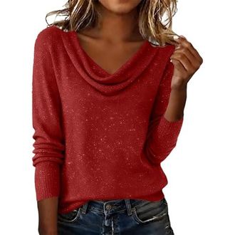 Generic Pull scintillant pour femme &agrave; manches longues et col b&eacute;nitier en tricot scintillant, Rouge, 3XL