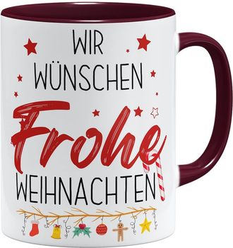 OM3 wir w&uuml;nschen Frohe Weihnachten Tasse Merry Christmas - Keramik Becher - 11oz 325ml - Beidseitig Bedruckt - Bordeaux