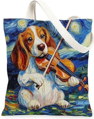 Generic Sac fourre-tout en toile r&eacute;utilisable pour le shopping Motif l&eacute;vrier basset 33 x 38 cm, motif violon nocturne &eacute;toil&eacute;, sac d&eacute;picerie pour femme, animal