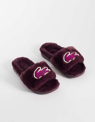 Lacoste chaussons mules en polaire &agrave; logo crocodile bordeaux et rose-Multi