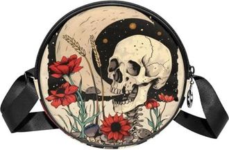 Generic Petit sac &agrave; bandouli&egrave;re circulaire pour femme, motif cr&acirc;nes, fleurs, petit sac &agrave; bandouli&egrave;re avec fermeture &eacute;clair, bretelles r&eacute;glables, sac &agrave; main ro