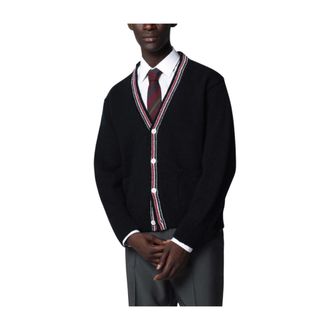 Thom Browne Homme, Pulls, Bleu, Taille: 2XL Cardigan Hector Patchwork Donegal Intarsia