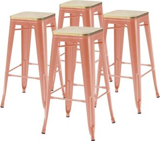 Oviala Oviala - Set aus 4 Barhockern aus mattem Metall in Terracotta und Holz