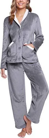 iClosam Pyjama Polaire Femme Ensemble de Pyjamas en Flanelle Deux Pièces Pyjama Hiver Chaud col V Vêtements de Nuit à Manches Longues avec 2 Poches