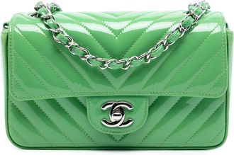 Chanel Green Mini Rectangular Classic Chevron Patent Single Flap