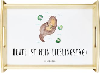 Mr. & Mrs. Panda Tablett Otter Seerose - Geschenk, aus Holz, Wasser, Seeotter, Fluss, Lieblingstag, f&uuml;r Bett, Holztablett, Servier