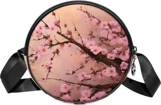 Generic Petit sac &agrave; bandouli&egrave;re rond pour femme, motif fleurs de cerisier avec fermeture &eacute;clair, bretelles r&eacute;glables, sac &agrave; main rond d&eacute;contract&eacute; pour femmes 