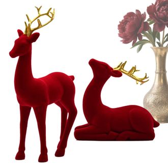 Generic Reindeer Christmas Decor Flocking Deer Figuren 2 Pieces Red and Green Aesthetic Stehen Sitting Each Statue for Workplace Bedside Table Party Kitchen